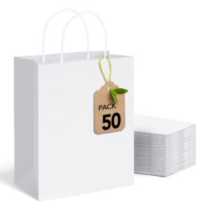 mesha white paper bags whit handles 10x5x13 inch 50pc, large kraft paper bags bulk for small business, large gift wrap bags with handles, shopping bags, party bags