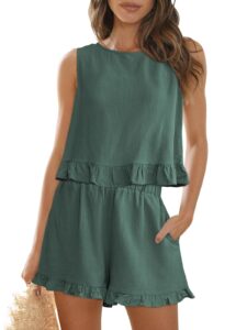 automet womens 2 piece outfits summer sets sleeveless high neck ruffle crop tops and high waisted shorts with pockets lake green m