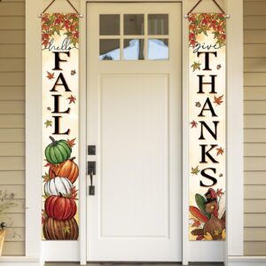 deroro thanksgiving hello fall pumpkin porch banner sign, autumn give thanks turkey front door decorative hanging welcome banner flag, maple leaves farmhouse decoration home outdoor yard decor