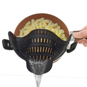 gottahaveit | clip on strainer – snap on pot drainer for pan and pots, essential home cooking tool. black