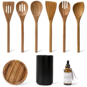 lanzo design kitchen utensil set, 8 pcs wooden cooking utensils spatula set with ceramic holder (black holder)