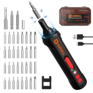 electric screwdriver kit, hardell 4v cordless screwdriver rechargeable with 36 magnetic bits set, usb charging cable in carrying case, 3 led lights, magnetic hex chuck for diy