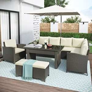 godafa 6-piece wicker outdoor patio furniture set-featuring all-weather pe rattan conversation sectional sofa, dining table, chair, and bench with cushions for backyard, porch, and poolside, 1, beige