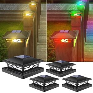 aponuo solar post cap lights outdoor, 8 fixed colors lighting/rgb breath mode, fence post lights solar powered for patio/deck/garden decor post caps 4x4,6x6 wooden/vinyl posts (black, 4 packs)