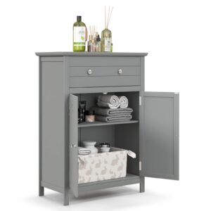 costway bathroom floor cabinet, wooden side storage organizer w/larger drawer, adjustable shelf & 2-door cupboard, freestanding storage cabinet for living room, kitchen, entryway (grey)