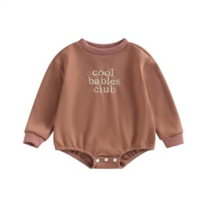 amiblvowa gender neutral baby sweatshirt romper long sleeve crewneck bubble bodysuit sweater jumper newborn girl boy clothes (coffee cool babies club, 12-18 months)