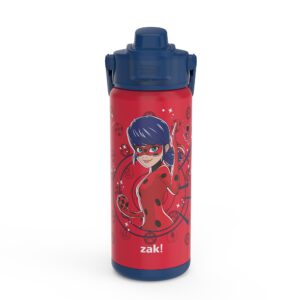 zak! beacon insulated bottle, miraculous ladybug - 20 oz - durable stainless steel - double-wall vacuum insulation, silicone spout & push-button, leak-proof lid - dishwasher safe