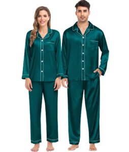 swomog women & men satin pajamas set couple matching pajamas long sleeve sleepwear button down loungewear 2 pcs pj set women green medium