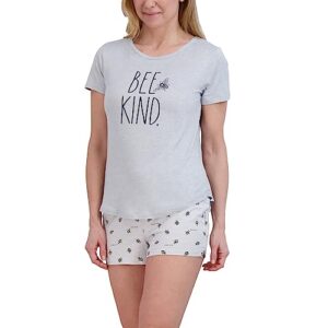 rae dunn women's sleepwear, bee kind short sleeve top and shorts womens pajama sets, soft summer loungewear, light grey, 1x