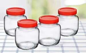 yera glass square clear jars & containers||for kitchen pantry masala,honey,pickles,dry fruits,and coffee beans storage||gifting and crafting item||plastic red lid (aahar jar) (300ml, set of 4)