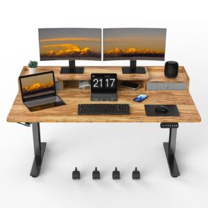 exadesk 63×30 inch electric standing desk with 2 drawers, adjustable height widened stand up desk with storage shelf, sit to stand ergonomic workstation for home office