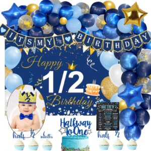 111 pcs half birthday decorations baby boy, fiesec 6 months birthday decorations boy happy 1/2 birthday backdrop balloon garland its my 1/2 birthday banner cake cupcake topper tie crown poster blue