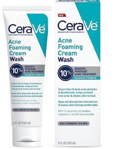 cerave acne foaming cream wash, gentle face and body cleanser with benzoyl peroxide 10%, hyaluronic acid, and niacinamide, 10% benzoyl peroxide treatment clears pimples and blackheads 5 oz