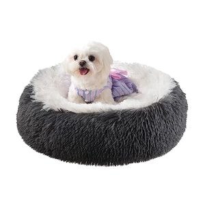 something different calming dog & cat bed, anti-anxiety donut cuddler warming cozy soft round bed, fluffy faux fur plush cushion bed for small medium dogs and cats,24”,dark grey