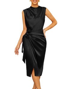 grace karin women's satin sleeveless mock cowl neck faux wrap bodycon dress elastic waist wedding guest formal midi dress black m