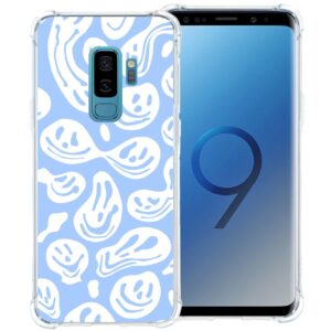 zaztify phone case for samsung galaxy s9 plus, pastel light blue white funny trippy dripping smile melted hippie smiling skull ghost face cute shockproof protective clear cover shell