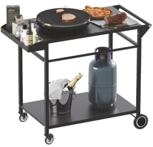 koutemie outdoor grill cart table with 4 wheels for blackstone 17" or 22", movable bbq food prep table top, double-shelf metal pizza oven worktable with spice tray for patio, backyard, black