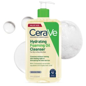 cerave hydrating foaming oil cleanser, moisturizing oil cleanser for face & body, squalane oil + hyaluronic acid + ceramides, for dry to very dry skin, fragrance free & residue free, 19 fl oz