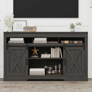 fansafurn farmhouse tv stand for 65+ inch tv, 34'' tall entertainment center with sliding barn doors, rustic wood media console storage cabinet television stand for living room, bedroom (dark grey)