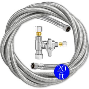 refrigerator ice maker water line kit - 20' braided stainless steel fridge water line with 1/4" compression fittings pex tubing core and water splitter