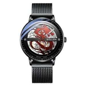 sollen black automatic watches for men, minimalist slim stainless steel watch, waterproof skeleton watch with dragon pattern, gift for male