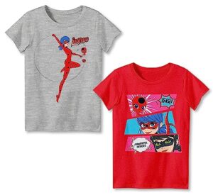 miraculous ladybug girls t-shirts 2-pack, ladybug cat noir rena rouge short sleeve tees 2-pack bundle set for girls (red/grey, size 4/5)