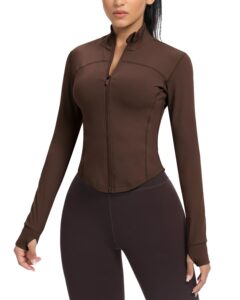 avgo women's cropped running workout jackets zip slim fit athletic tops with thumb holes(roasted brown, m)