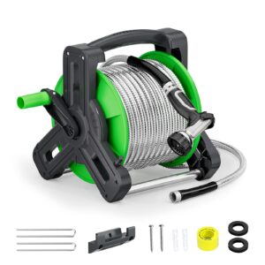 specilite wall mount garden water hose reel with 75ft 304 stainless steel metal pipe and nozzle for outside, yard, patio,space-saving design, easy storage, green