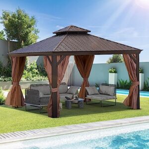 aluminum outdoor gazebo with steel permanent hardtop canopy shelter pavilion including netting for patio, garden, lawn backyard (12'x12' brown)