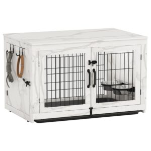 piskyet wooden dog crate furniture with 360°rotatable removable dog bowls, dog crate end table with tray, double doors dog kennels fordogs(l:37.7" l*25.1" w*26.1" h, marble white)