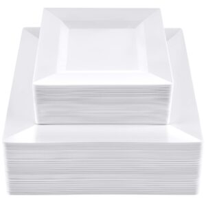 setup [100 piece combo white square plates, disposable plastic plates - premium heavy-duty 50 disposable 9.5" dinner party plates and 50 disposable 6.5" salad plates