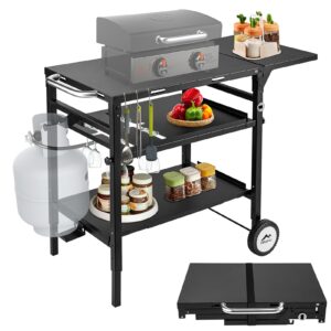 ceed4u folding grill cart table with three-shelf, 40" x 20" movable bbq cart sturdy, height-adjustable, spacious tabletop grill stand dining cart table for car tailgating, camping, party