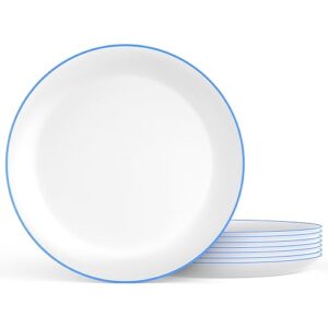 homeelves dinner plates set of 8, 10.5 inch opal glass plate set, lightweight kitchen white plates, break and chip resistant, safety for microwave & dishwasher,blue rim