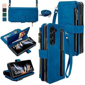 ziulqik for samsung galaxy z fold 5 case, pu leather z fold 5 wallet cases with s pen holder & wrist crossbody strap & card holder blue