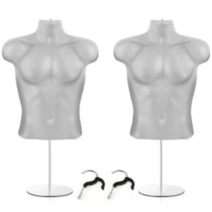 geetery 2 pack male mannequin torso with stand hollow back dress form mannequin body white retail mannequins body tshirt display with metal pole and hanging hook for counter craft shows, s m size