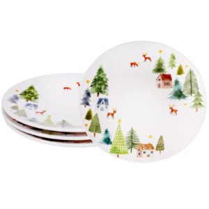 sonemone winter wonderland dinner plates set of 4, 11 inch ceramic plates, large dinnerware dish set for kitchen, dinner, salad, dessert, microwave & dishwasher safe, scratch resistant