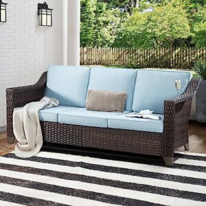 meetleisure 77'' patio sofa, all weather outdoor rattan wicker 3-seat sofa high back couch with premium cushions for garden backyard porch(brown/azure)