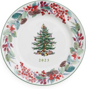 spode christmas tree collector's plate, 8-inch porcelain dinner & appetizer plate, holiday-themed serving plate, microwave & dishwasher safe, festive collectible seasonal dining plate