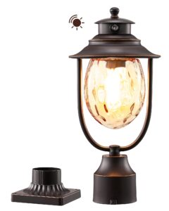 edishine dusk to dawn outdoor post light, pole light fixture with pier mount base, waterproof exterior lamp post lantern head with water ripple glass for driveway yard fence garden patio, bronze