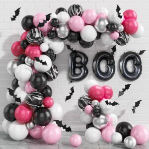 pink black halloween balloon garland, 125pcs matte black pink white metallic silver rose red balloons for halloween themed party kids halloween girl birthday haunted house decorations