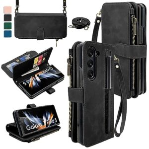 ziulqik for samsung galaxy z fold 5 case, pu leather z fold 5 wallet cases with s pen holder & wrist crossbody strap & card holder black