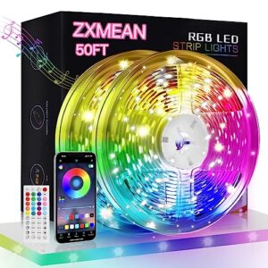 zxmean led lights for bedroom 50ft led strip lights music sync color changing with remote and app control rgb led strip, led lights for room decor home party decoration (2 rolls of 25ft)