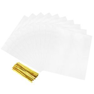 uxcell 100 pcs clear cello bags, clear flat plastic cello treat bags with gold twist ties gift bags cookie bags for christmas snacks candy cookie gifts