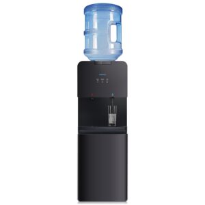 pureplus watercooler top loading water dispenser, hot, cold & room temperature water, holds 3 or 5 gallon bottles, child safety lock, compression refrigeration technology, black