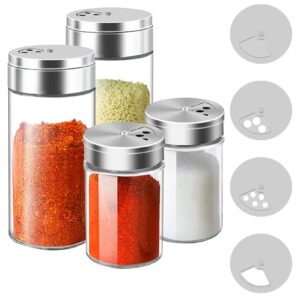 salt and pepper shakers set 4pcs, spice shaker for kitchen, pepper and salt container with stainless steel lid, glass salt shaker with adjustable pour holes