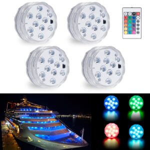 obcursco wireless boat lights, battery-powered rgb multi-color submersible led for interior, deck, and courtesy lighting, ideal for pontoon, kayak, fishing, and jon boats (4 pcs)