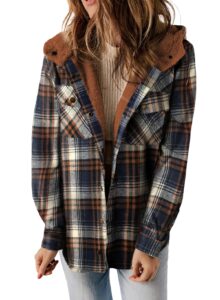 dokotoo hooded shacket jacket women fashion plaid flannel shirts fleece lined long sleeve button up jackets sherpa fuzzy thick coats vintage 2024 fall warm winter oversized coat outwear blue s