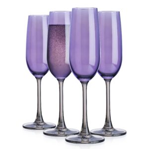 home to table elegant purple flute champagne glasses set of 4, 7oz with stem - fancy glass cups - modern unique drinking glasses for home, dinner table, parties