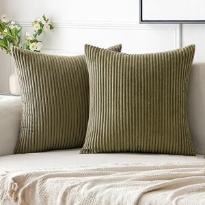 woaboy pack of 2 corduroy pillow covers 20x20 super soft boho striped pillow covers olive green decorative throw pillows home decor for spring couch sofa cushion bedroom livingroom