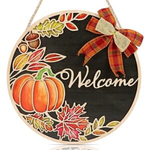 chditb fall decoration 3d welcome front door sign home decor(11.4”x11.4”), pumpkin welcome sign with maple leaves hazelnuts plaid bow, thanksgiving farmhouse wreath for front door porch outdoor